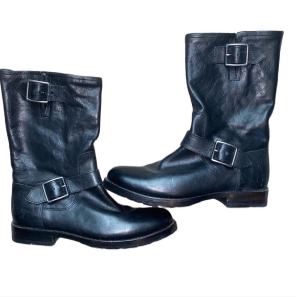 Frye | Shoes | Frye Natalie Pull On Black Leather Moto Boots With ...
